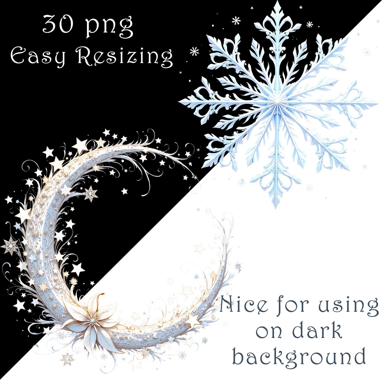 Christmas Snowflake Clipart. White Snowflakes, Moon and Crescent PNG ...