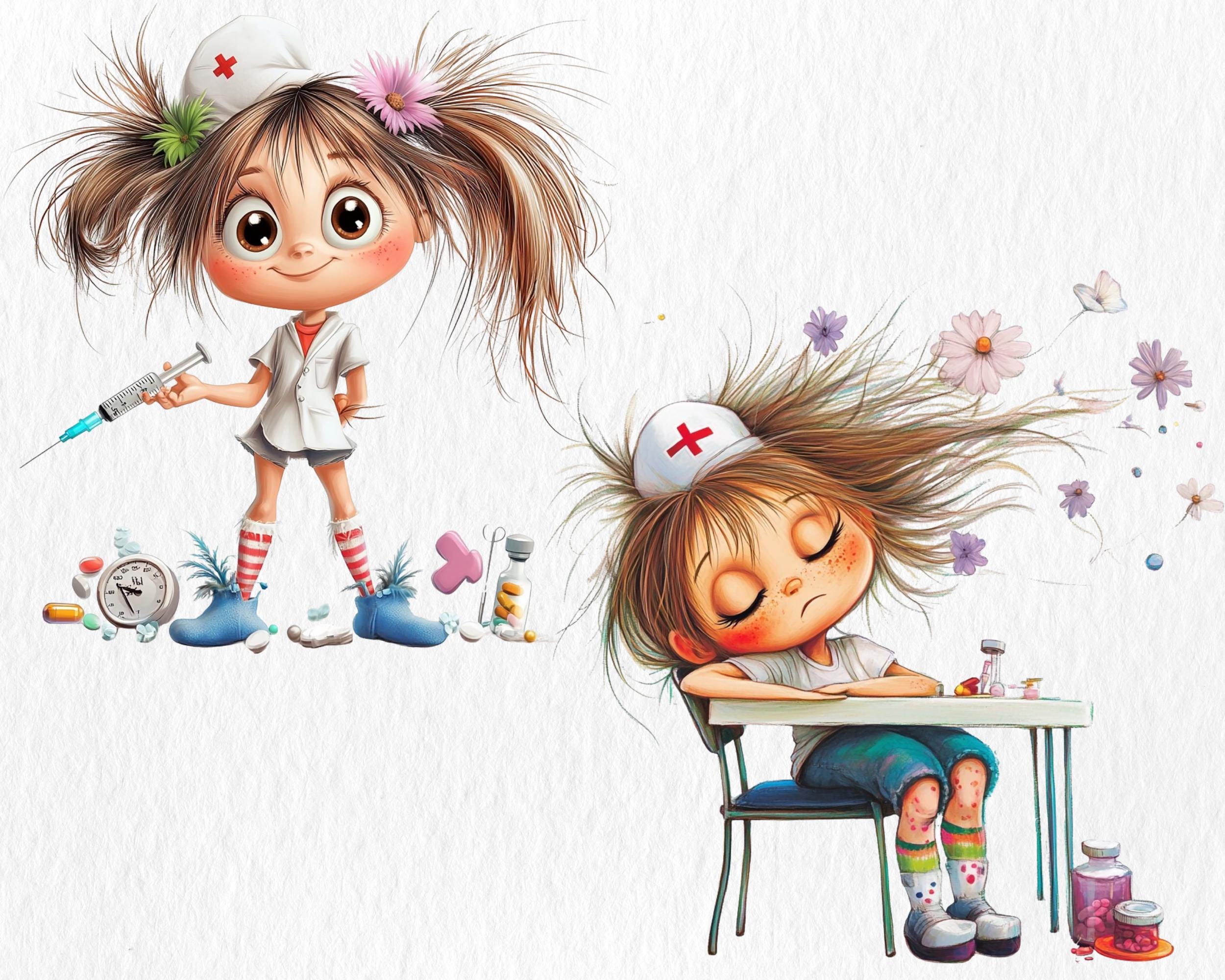 Quirky Nurse Girl Clipart Kit, 12. Funny Whimsical Doctor Character ...
