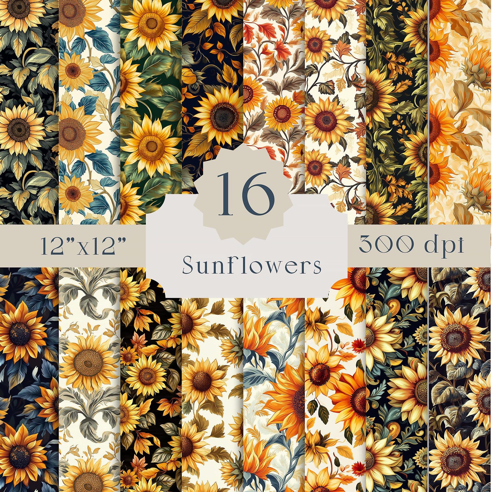 Sunflowers Seamless Pattern, Printable Paper. 16 Jpg Digital Pattern ...