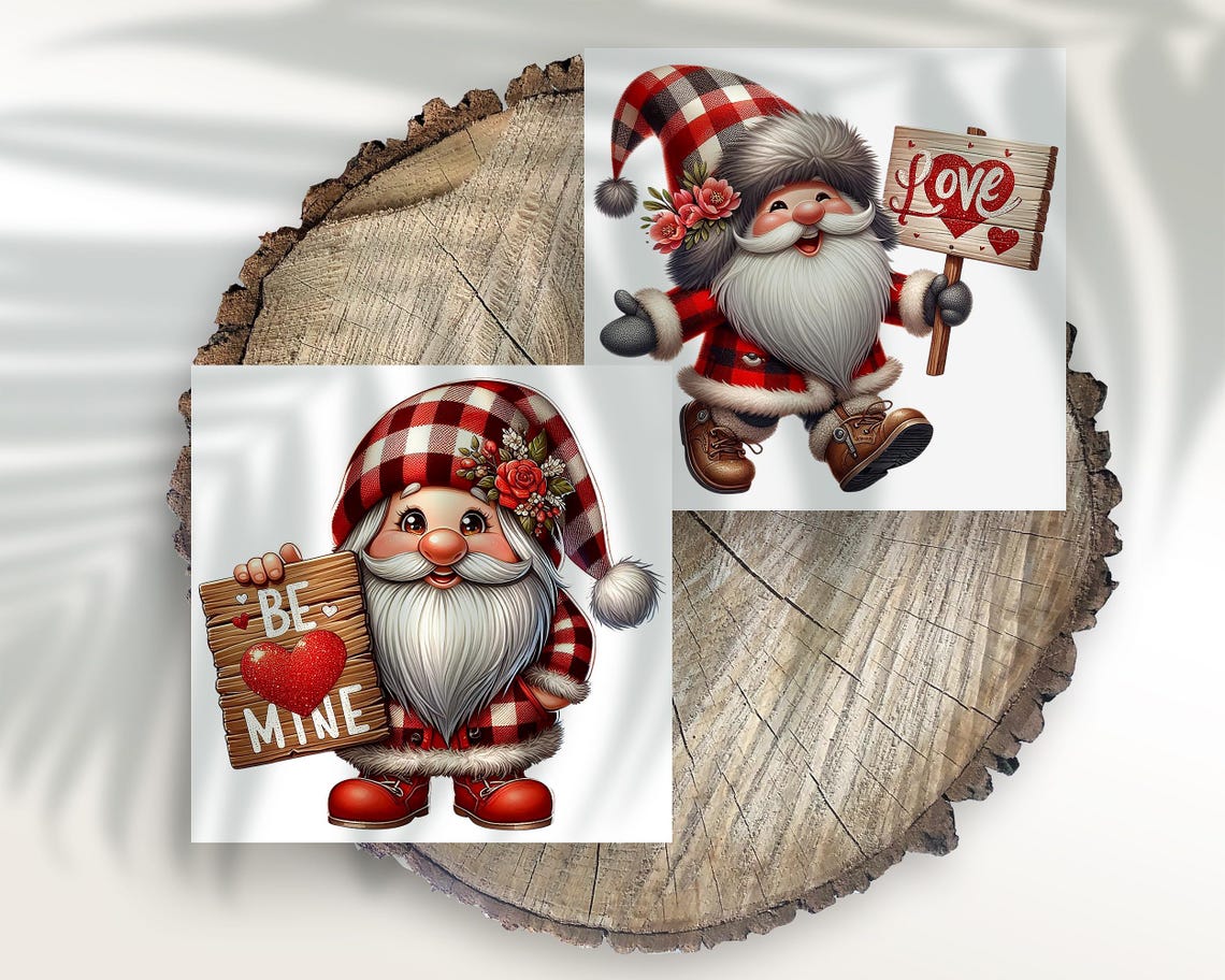 Quirky Cute Buffalo Plaid Gnome Clipart, Red Heart Gnome PNG, Rustic ...