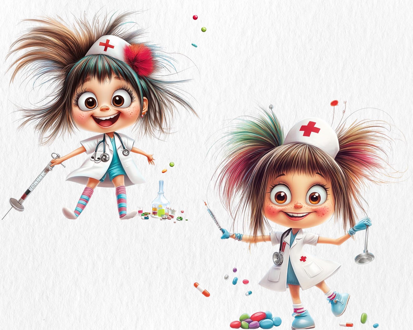 Quirky Nurse Girl Clipart Kit. Funny Whimsical Doctor Character. Junk ...