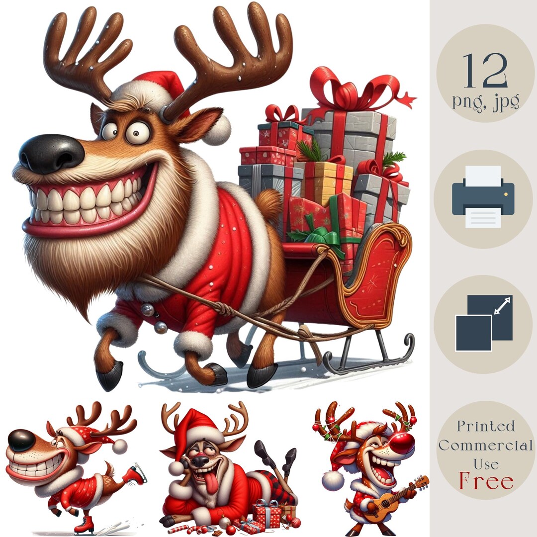 Christmas Quirky Reindeer Clipart Bundle. Quirky Cute Reindeer 12 PNG ...