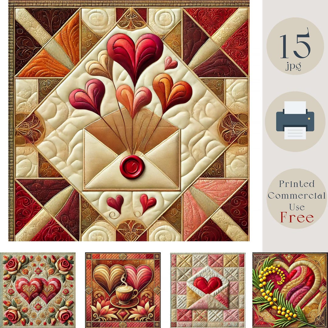 Heart Patchwork Quilt Art Clipart Set. Romantic Valentine's Day Heart, Vintage Quilt Decor 15 ...
