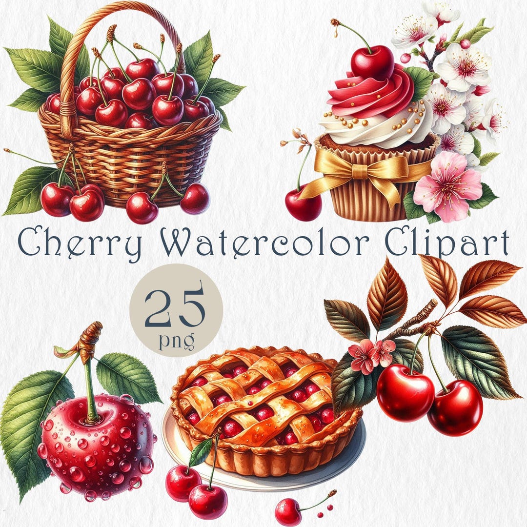 Watercolor Cherry Berry Clipart. Red Cherries 25 PNG. Cherry Berry ...