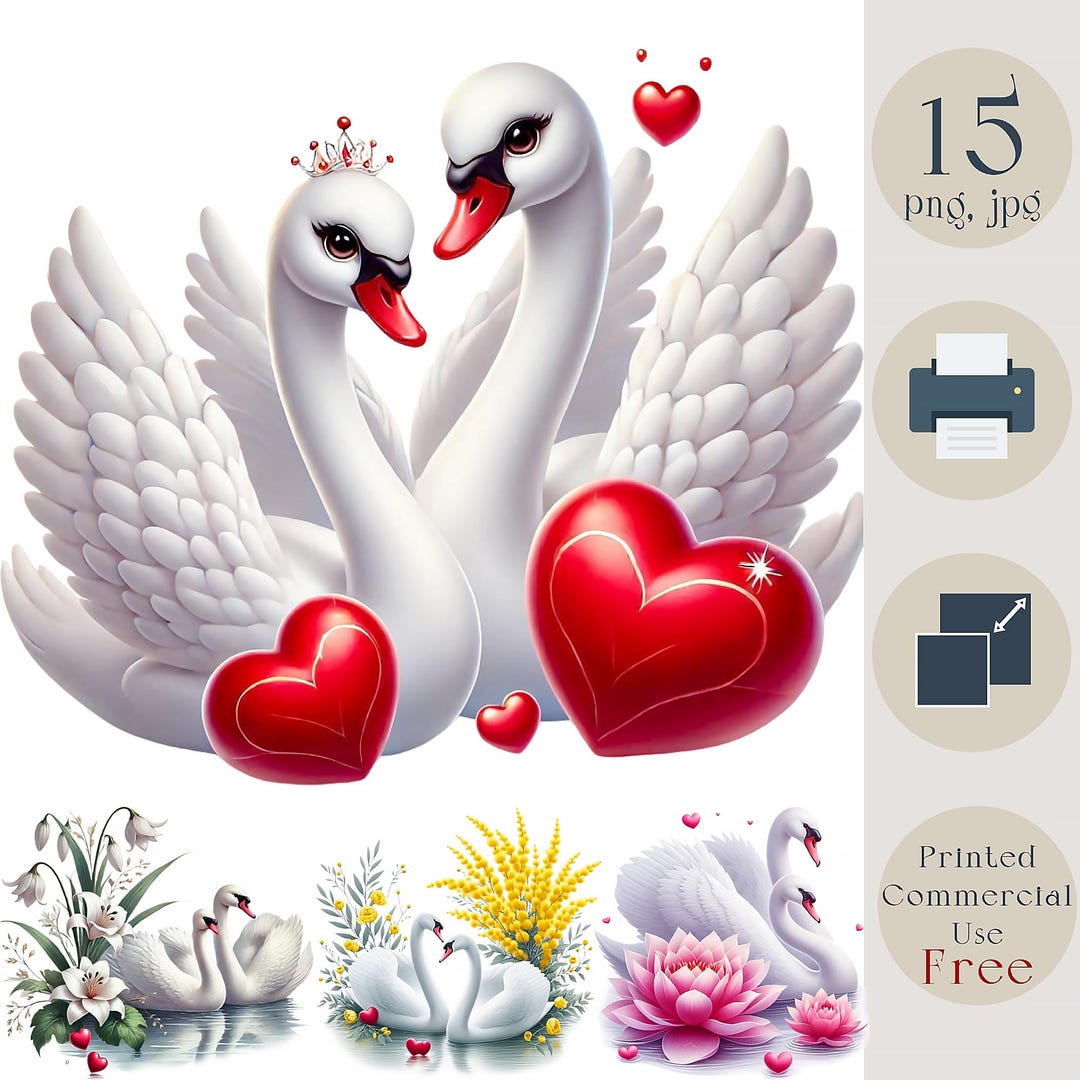 Swans Clipart. Valentine's Day Decor. Romantic Swan Couple With Hearts ...