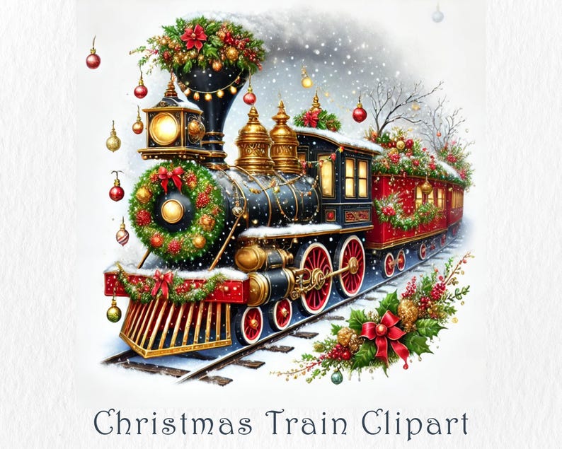 Christmas Vintage Train Clipart, 12 Jpg, Decor With Festive Ornaments ...