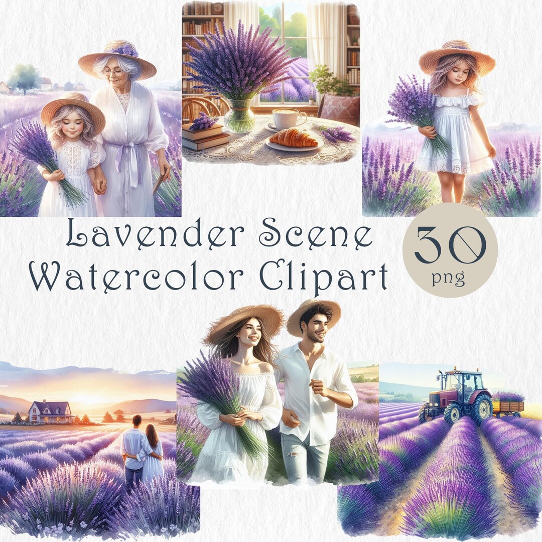 Lavender Scene Clipart Set. Watercolor Lavender Field PNG, Romantic ...