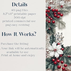 Christmas Holly Leaves Berries Printable Paper Kit, 40 Png. Vintage ...