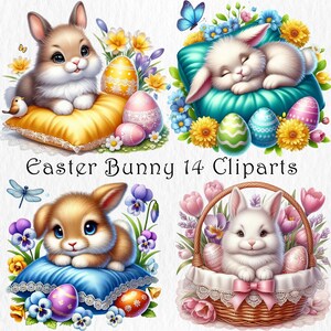 Easter Bunny Clipart Bundle. Cute Easter Rabbits With Flowers & Eggs ...