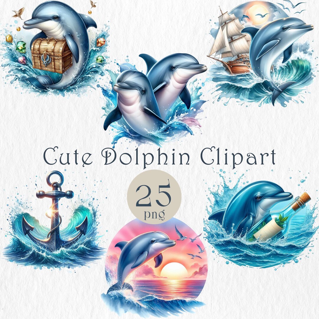 Cute Dolphin Clipart. 25 PNG Digital Download. Watercolor Ocean Animal ...