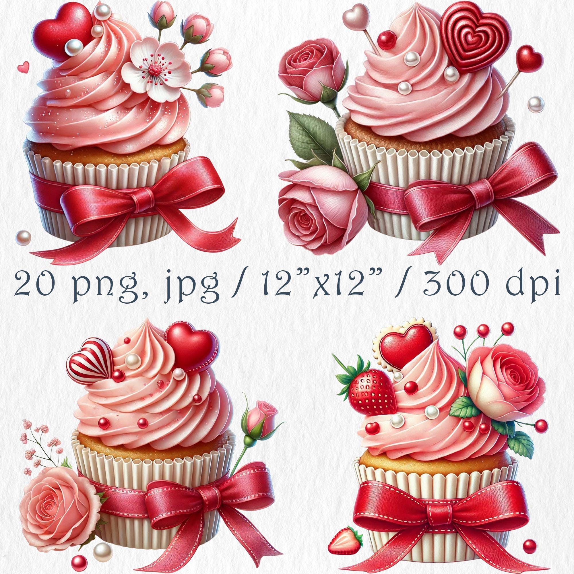 Valentines Day Heart Cupcake Clipart. Pink Frosting, Red Bow PNG, Cute ...