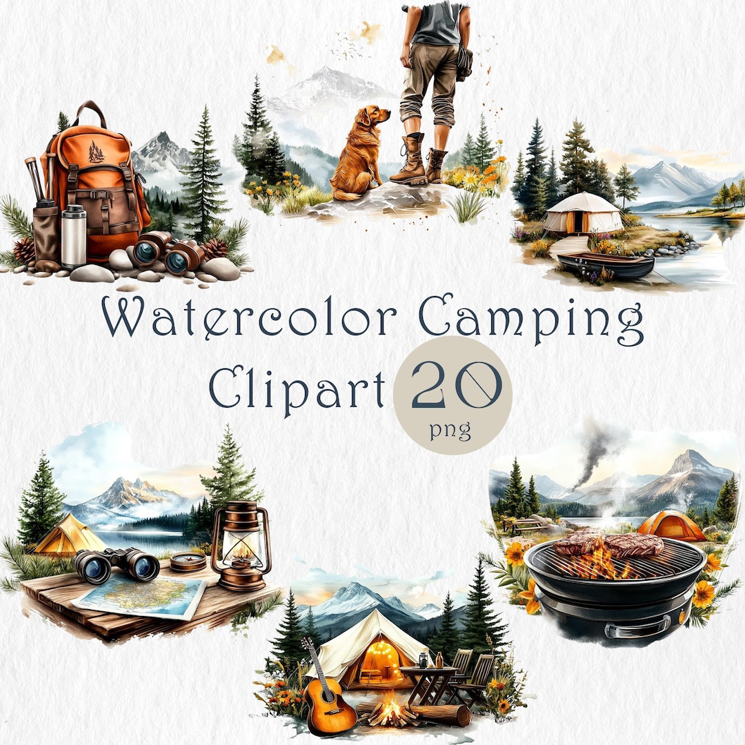 Watercolor Camping Clipart Set. Tents, Campfire, Forest and Mountain ...