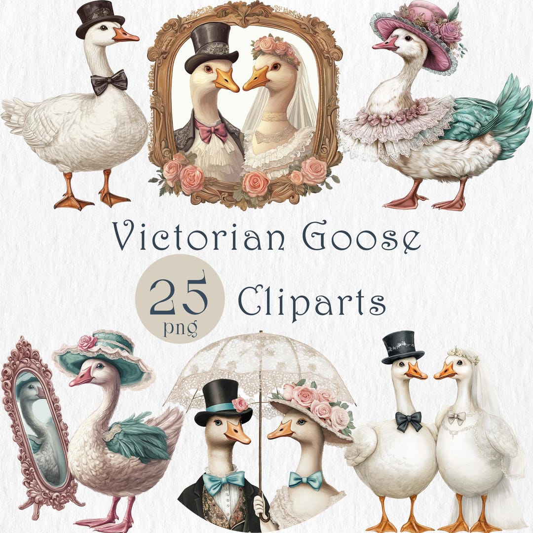Victorian Goose Clipart Set. Elegant Geese in Hats & Bonnets. Romantic ...