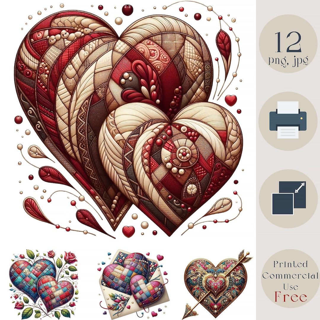 Heart Quilt Art Patchwork Clipart Set. Romantic Valentine's Day Hearts ...