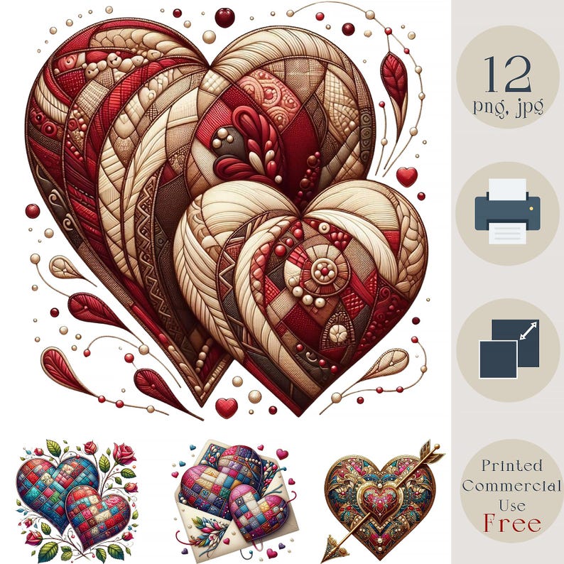 Heart Quilt Art Patchwork Clipart Set. Romantic Valentine's Day Hearts ...