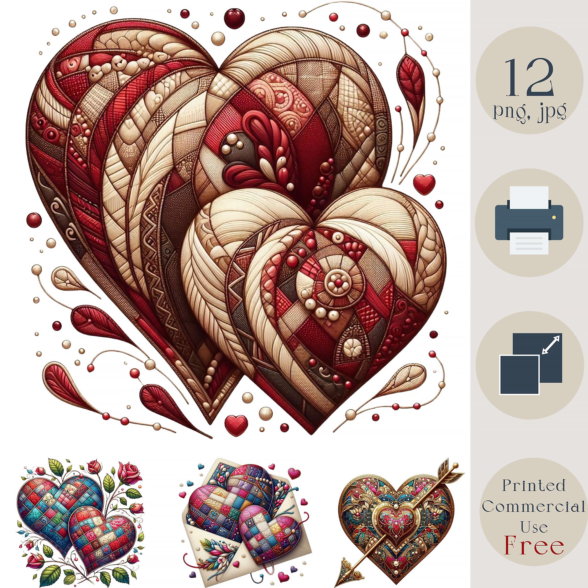 Heart Quilt Art Patchwork Clipart Set. Romantic Valentine's Day Hearts ...