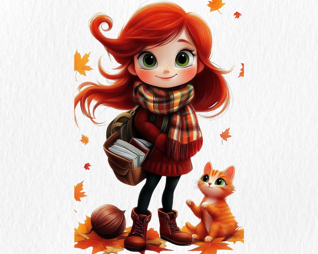 Autumn Cute Girl Clipart Set. Cute Red-haired Girl, Fall Illustrations ...