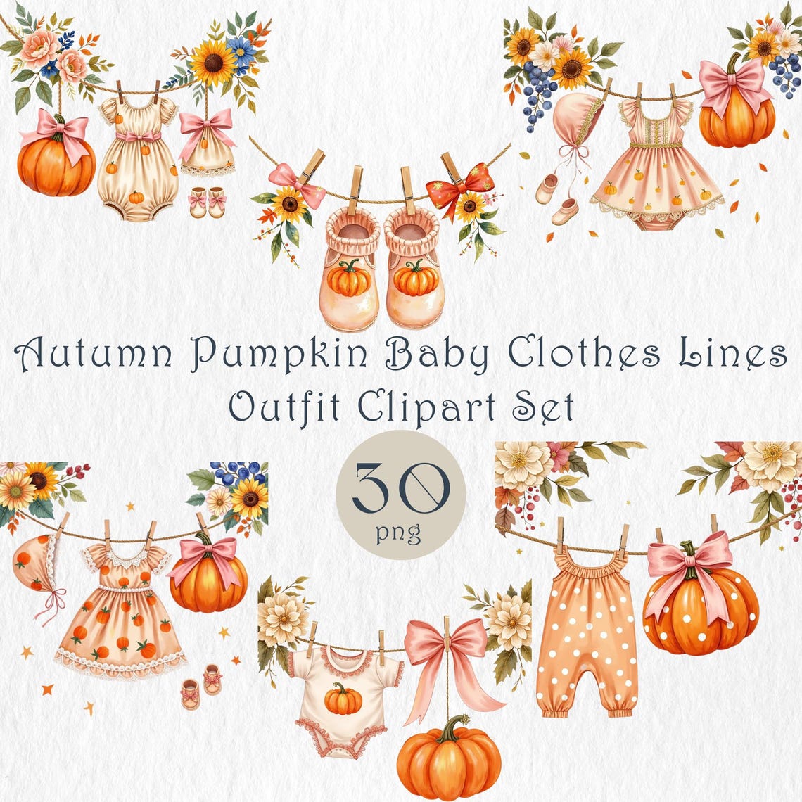 Autumn Pumpkin Baby Clothesline Clipart Set – Fall Baby Outfit PNG ...