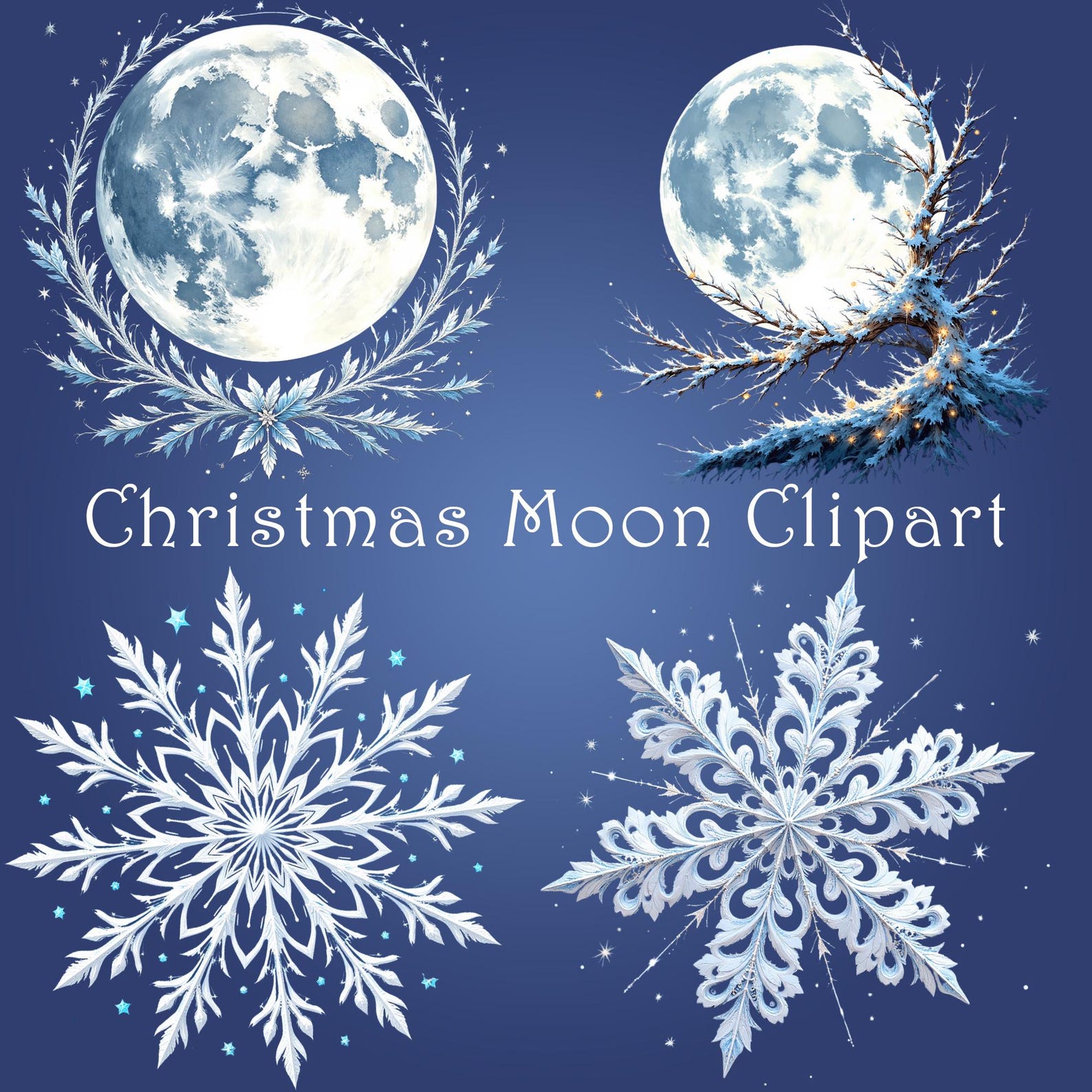 Christmas Snowflake Clipart. White Snowflakes, Moon and Crescent PNG ...