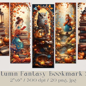 Autumn Fantasy Bookmarks Set, Cozy Fall Designs of Pumpkins, Lanterns ...
