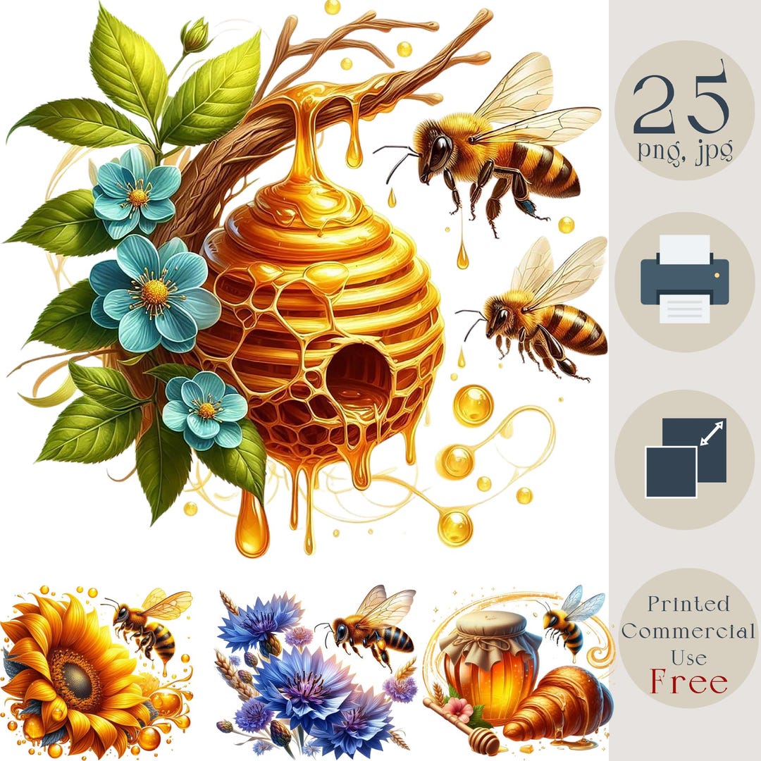Bee and Honey Clipart Bundle. Watercolor Bees, Honeycomb, Flowers ...