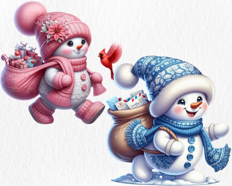 Christmas Snowmen Clipart, Winter Snowman Duo Digital Illustrations ...