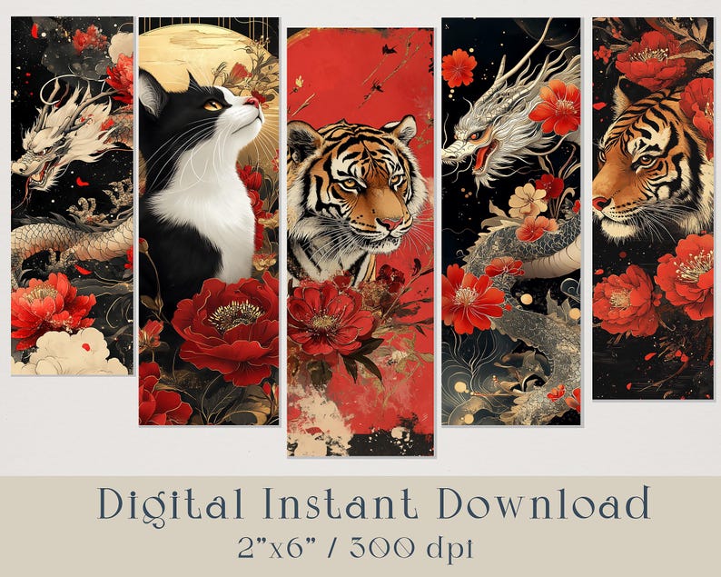 Asian Whimsical Animals Printable Bookmarks Set.digital Instant ...