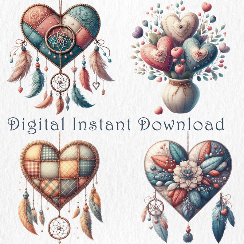 Boho Heart Clipart. Boho Hearts Isolated on White PNG & JPG. Rustic ...
