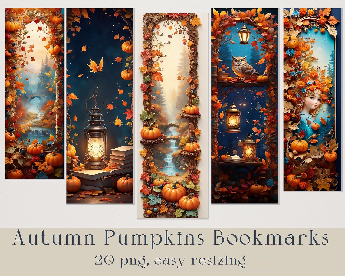 Autumn Fantasy Bookmarks Set, Cozy Fall Designs of Pumpkins, Lanterns ...