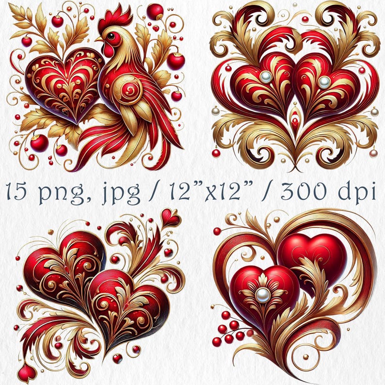 Valentines Day Heart Ornament Clipart. Elegant Art Decor Heart, 15 PNG ...
