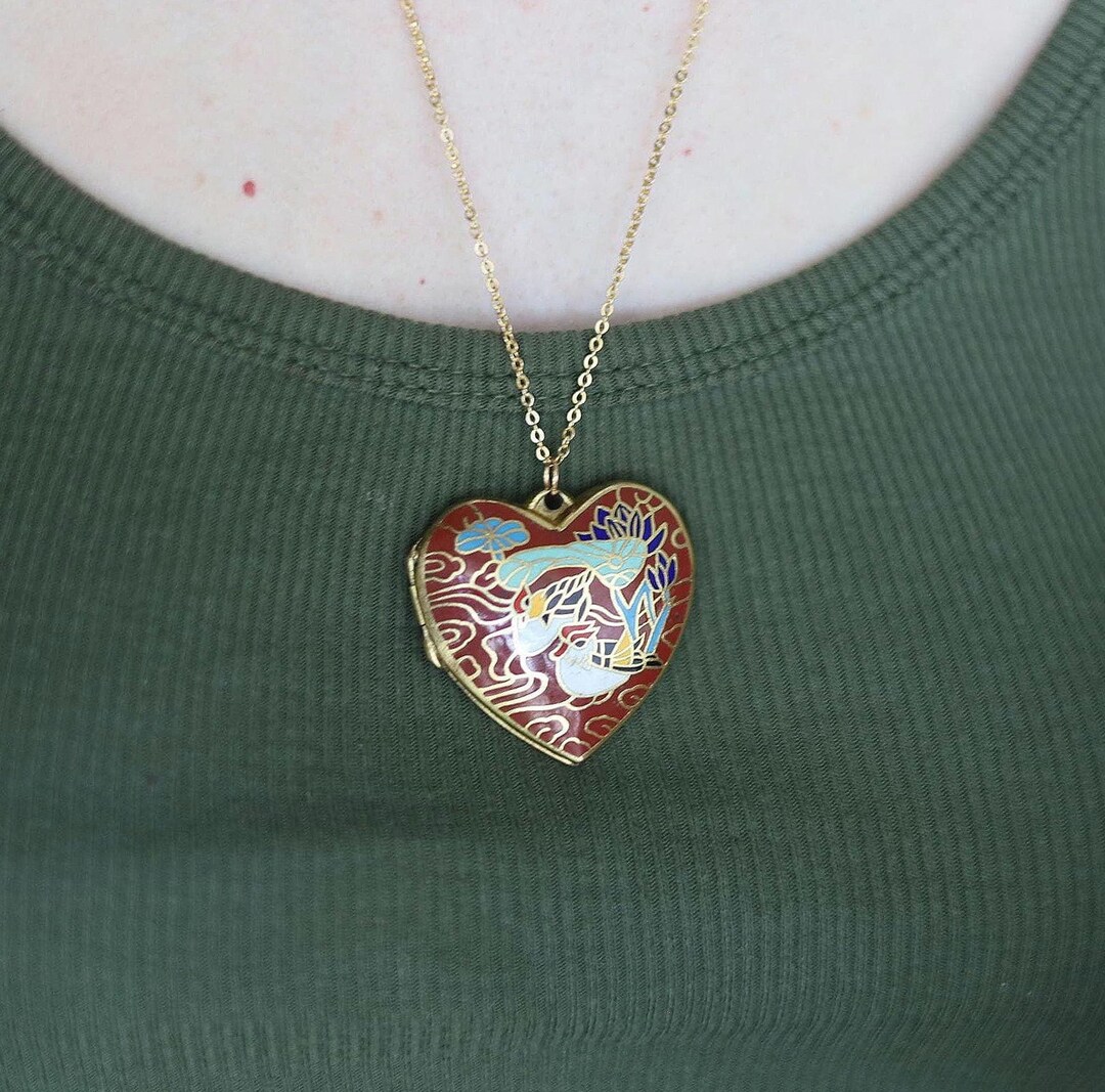 Vintage Heart Locket / Gold Tone Bird Locket / Cloisonne Locket / Red ...