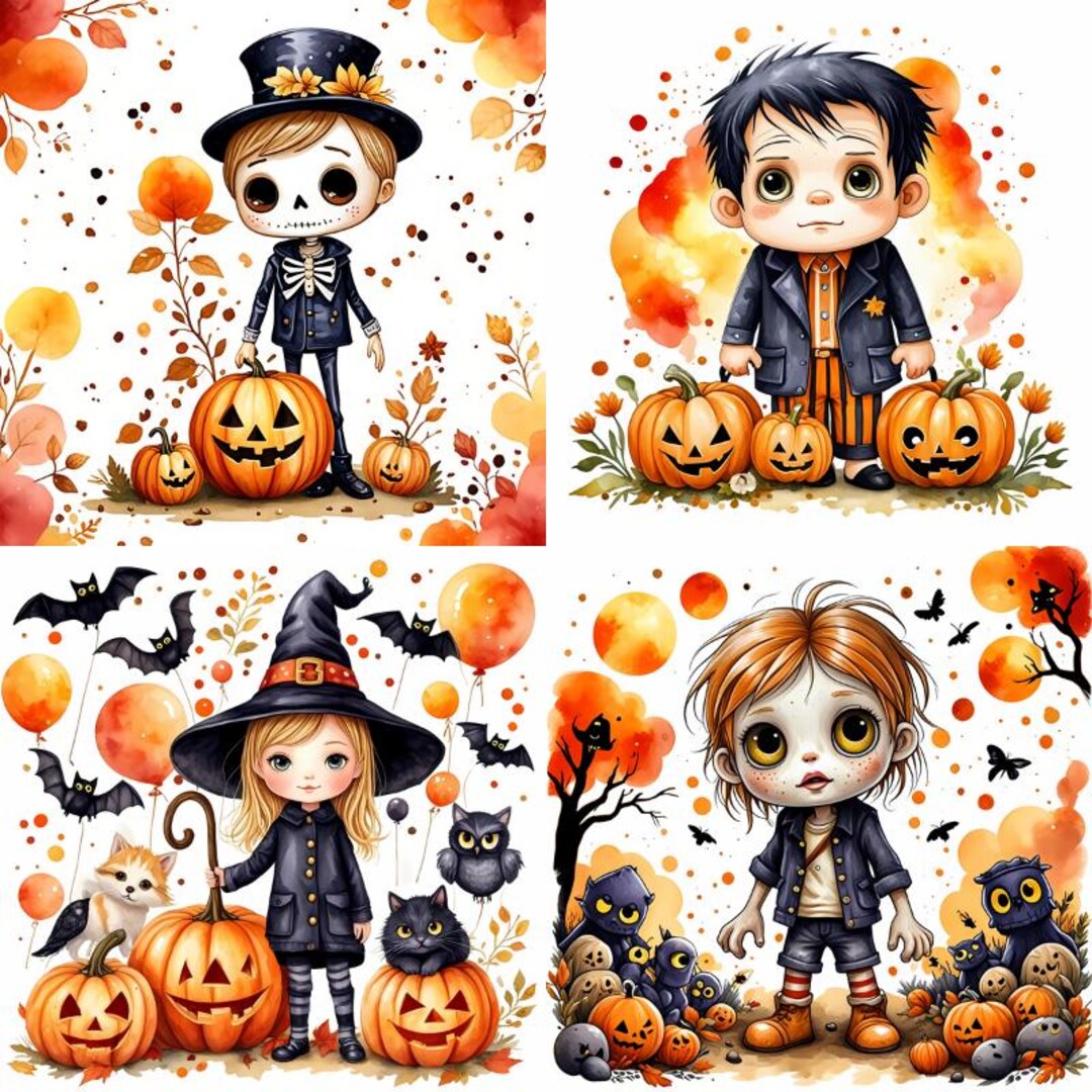 Watercolor Cute Halloween Clipart Bundle, Pastel Spooky Clip Art ...