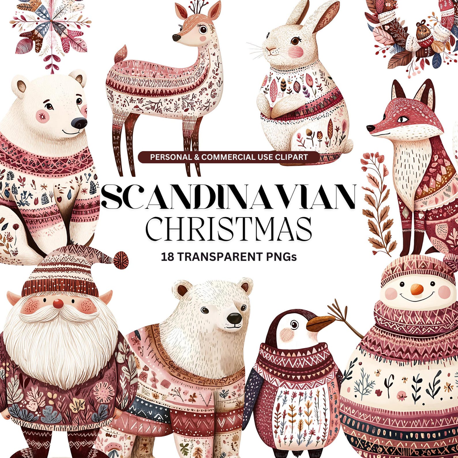 Watercolour Scandinavian Winter Clipart Bundle, Snowy Winter Folk Art ...