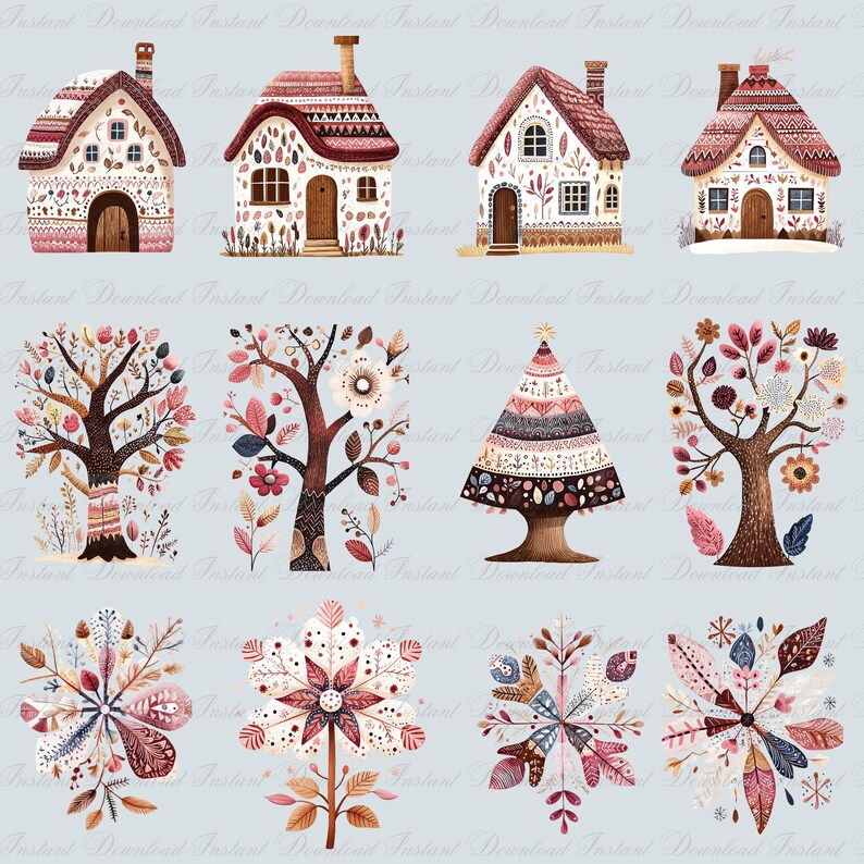 Watercolour Scandinavian Winter Clipart Bundle, Snowy Winter Folk Art ...