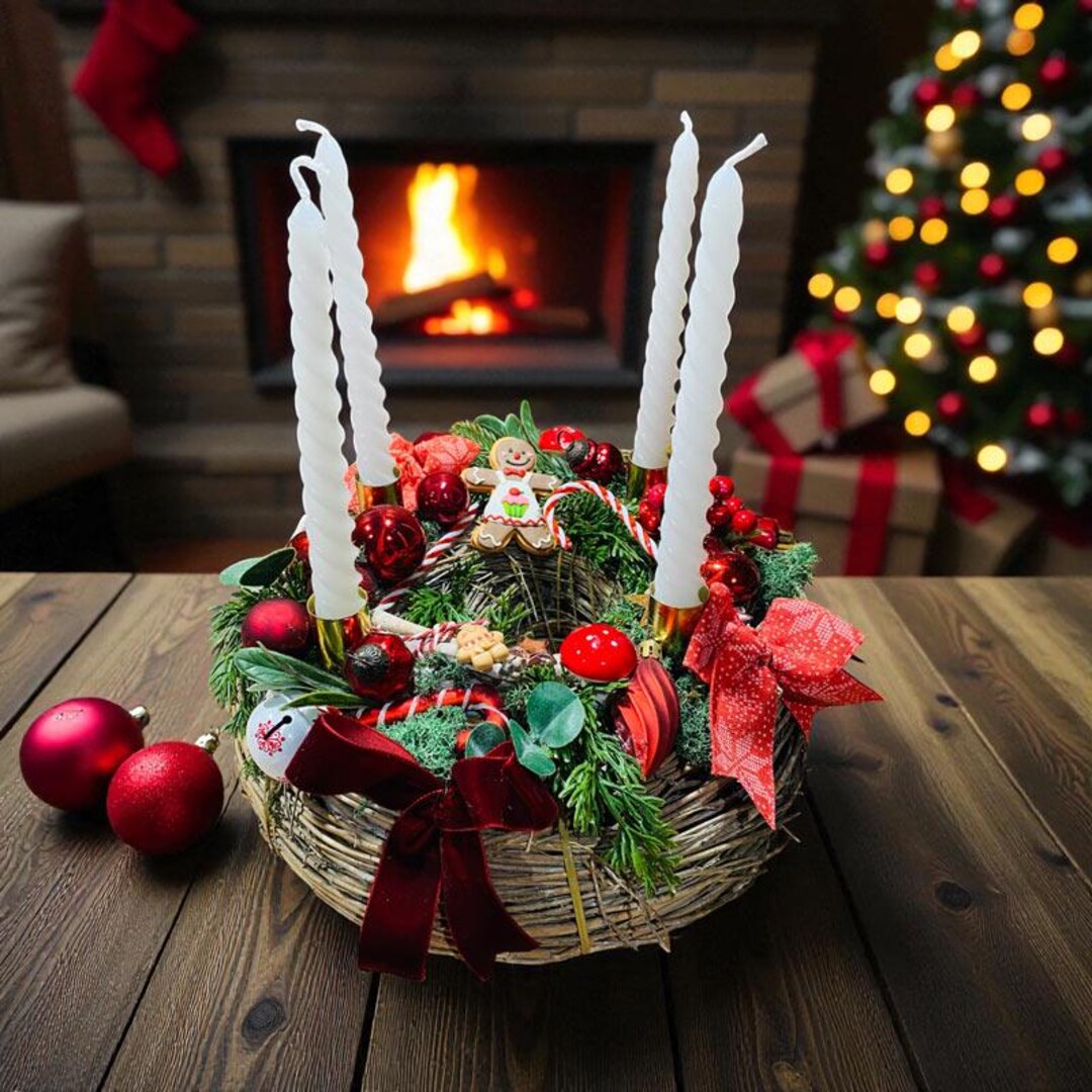 Natural Branch Advent Wreath - 30cm Christmas Decoration With Candle ...