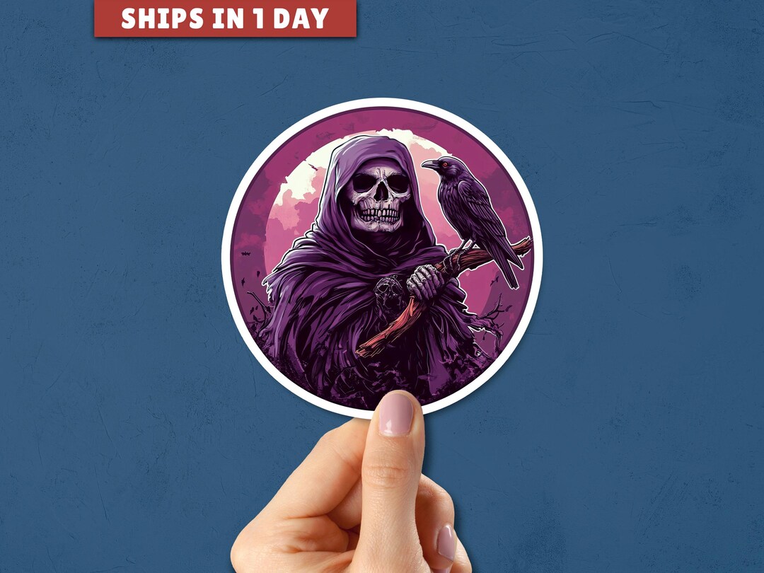 Grim Reaper With Raven Halloween Sticker, Funny Halloween Decor, Spooky ...