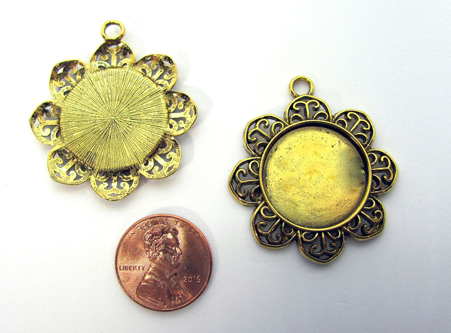 6 Antique Gold Filigree Flower Bezel Pendant Charm Settings 38x35.5 Mm ...