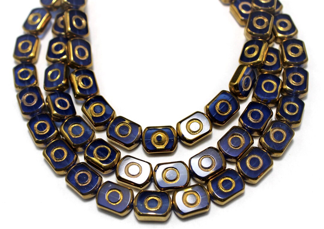 26 Blue Gold Translucent Czech Glass Rectangle Etched Design Beads 11x9 ...