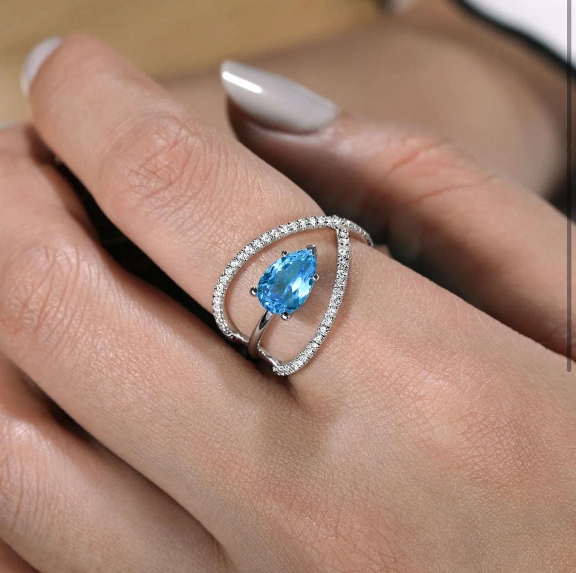 14K White Gold Blue Pear Stone Ring | Lab Grown Diamond - Etsy UK