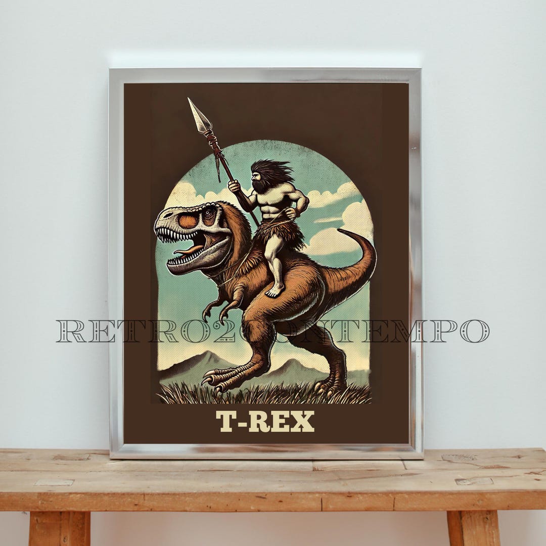 Pulp Art Caveman Riding T-rex Digital Download Poster, Vintage/retro ...