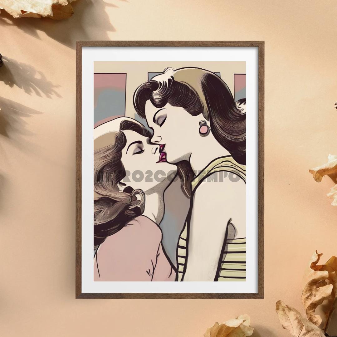 Retro Lesbian Kiss Art Print Vintage Lgbtq Pin Up Digital Download