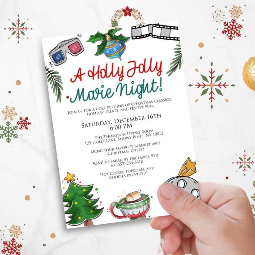 Movie Night Christmas Party Invitation - Festive Holiday Design ...