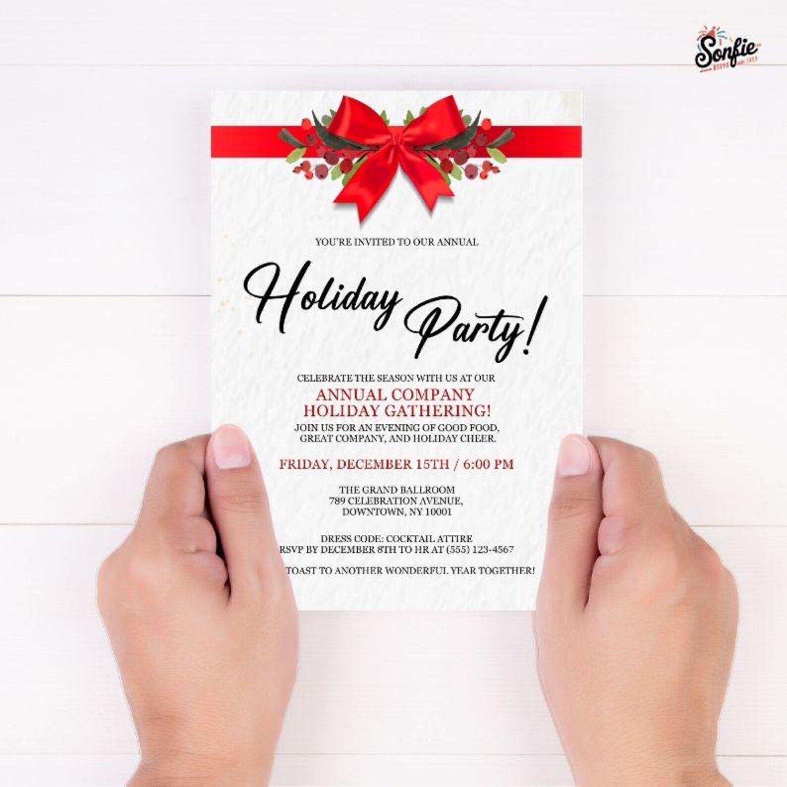 Company Holiday Gathering Invitation - With Elegant Ribbon Design ...