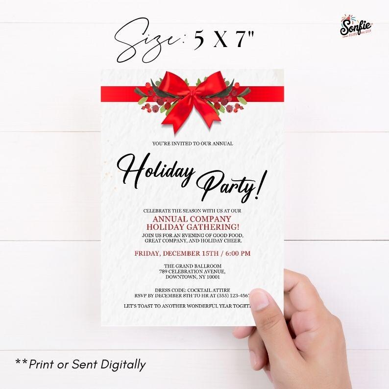 Company Holiday Gathering Invitation - With Elegant Ribbon Design ...