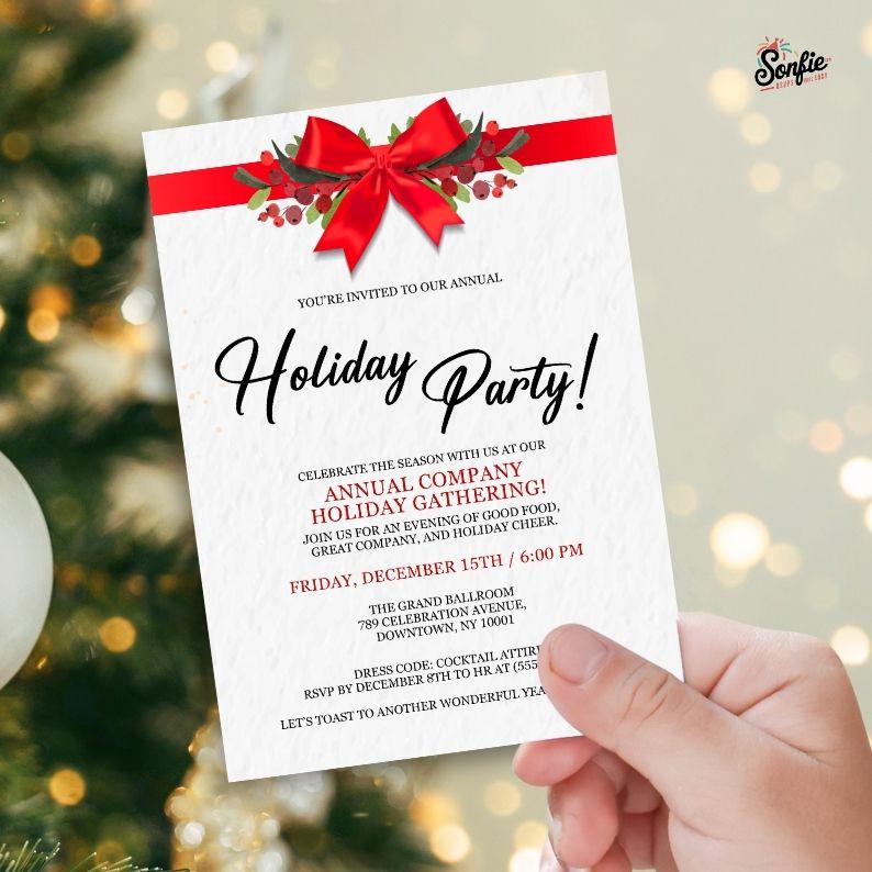 Company Holiday Gathering Invitation - With Elegant Ribbon Design ...