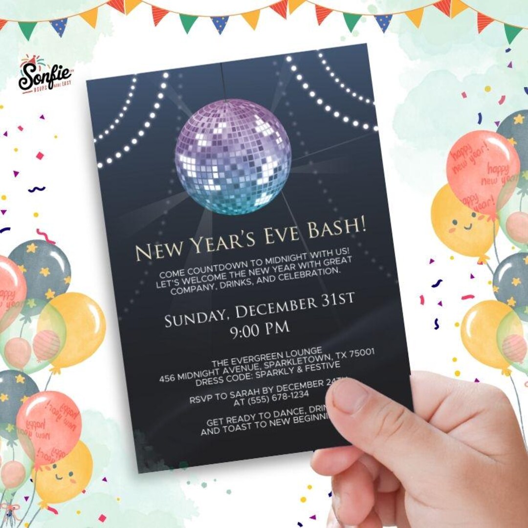 Disco Ball New Year Party Invitation - Dark Background With Disco Ball ...
