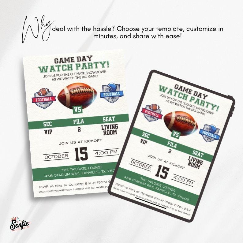 Game Day Get-together Invitation - With Football Design | Editable in ...