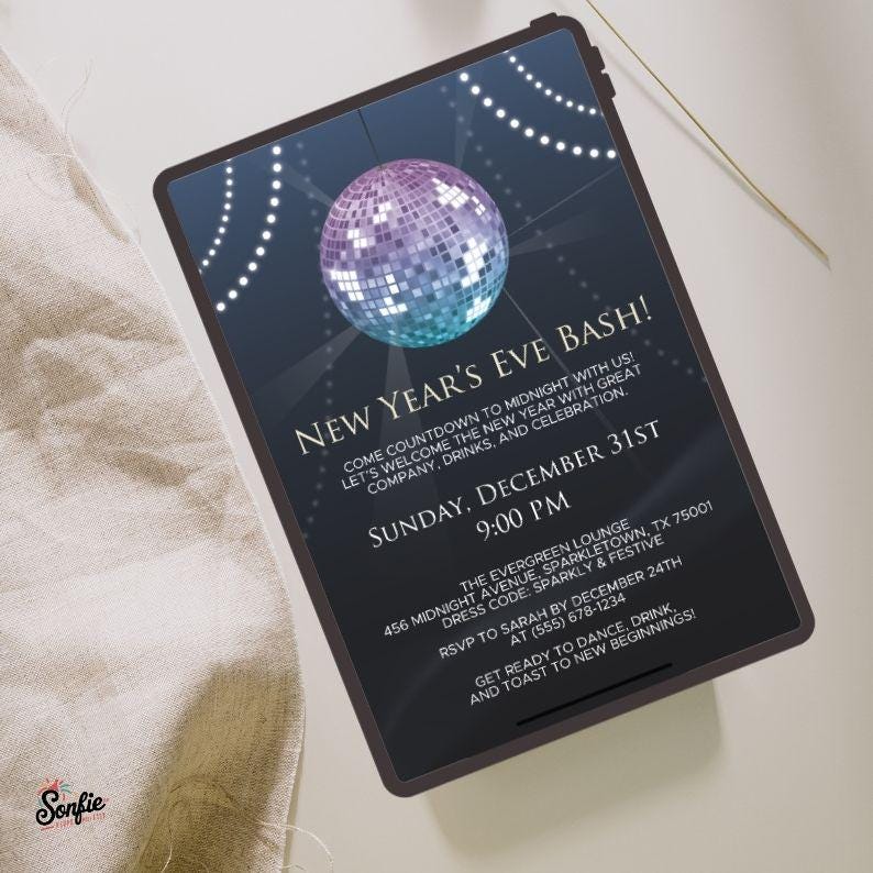 Disco Ball New Year Party Invitation - Dark Background With Disco Ball ...