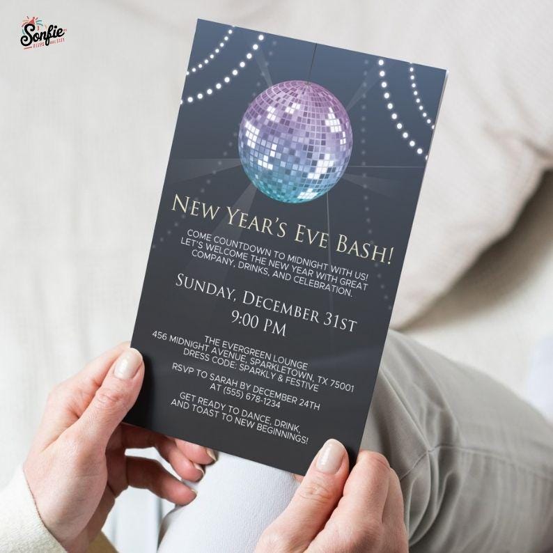 Disco Ball New Year Party Invitation - Dark Background With Disco Ball ...