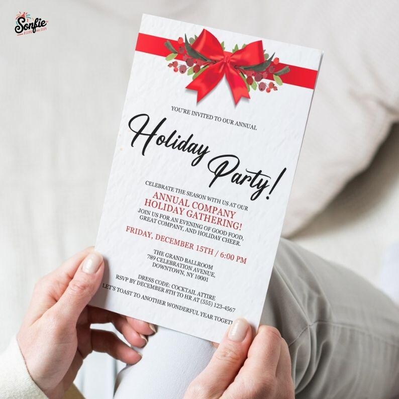 Company Holiday Gathering Invitation - With Elegant Ribbon Design ...
